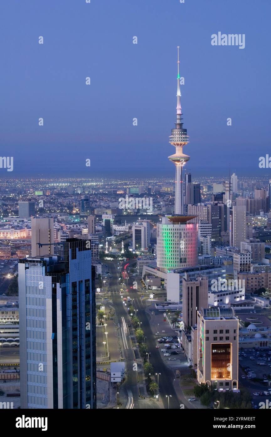 KUWAIT-Kuwait City: Aerial over Hilalli Street towards Liberation Tower ...