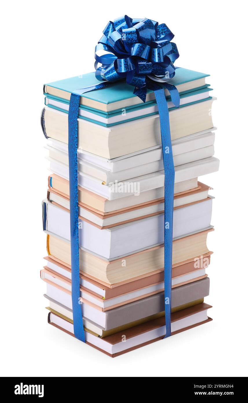 Stack of books with blue bow as gift isolated on white Stock Photo - Alamy