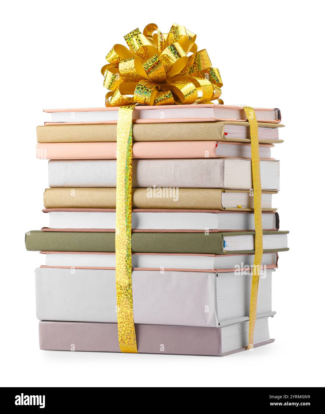 Stack of books with golden bow as gift isolated on white Stock Photo ...