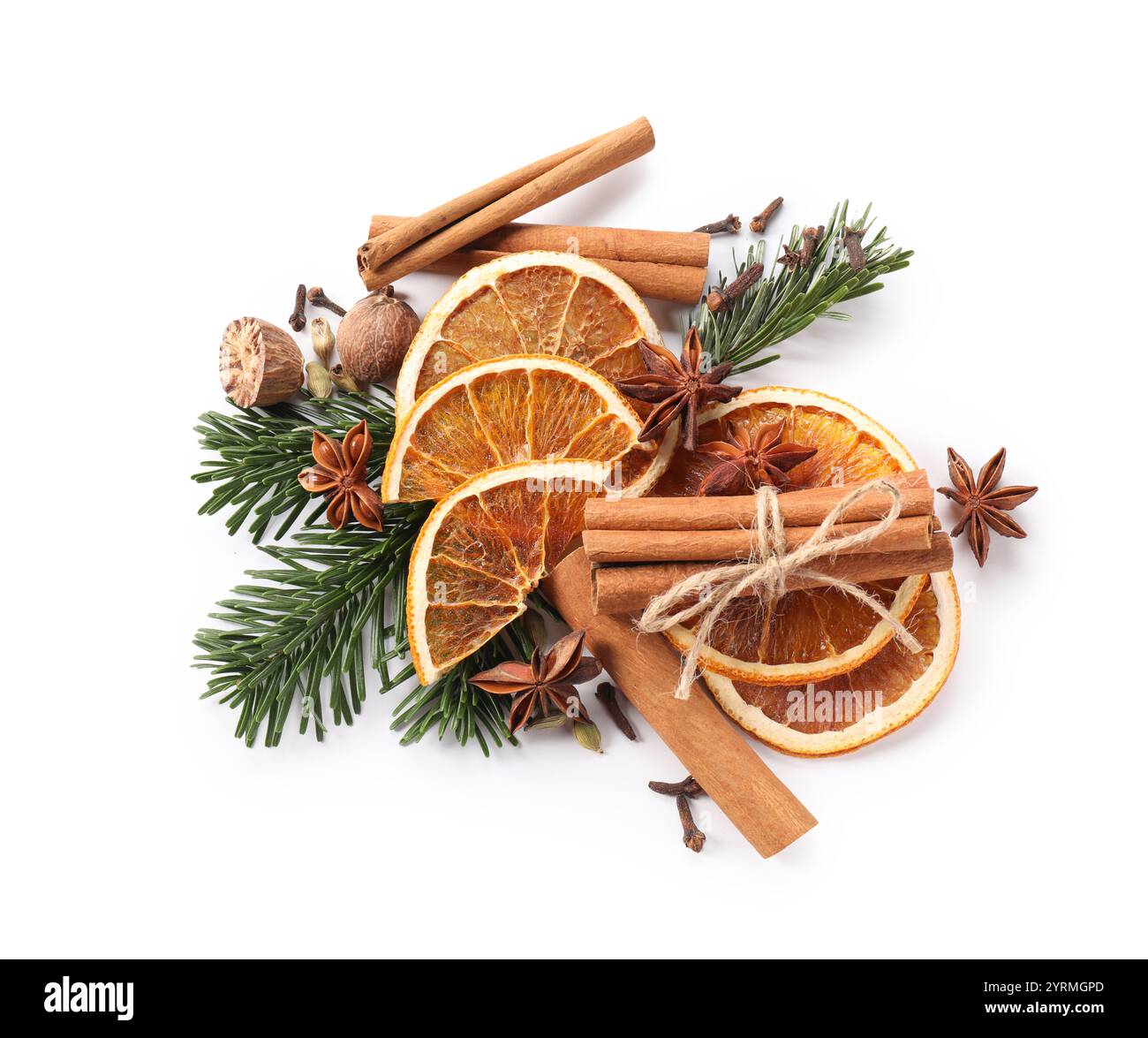 Different aromatic spices isolated on white, top view. Christmas season ...