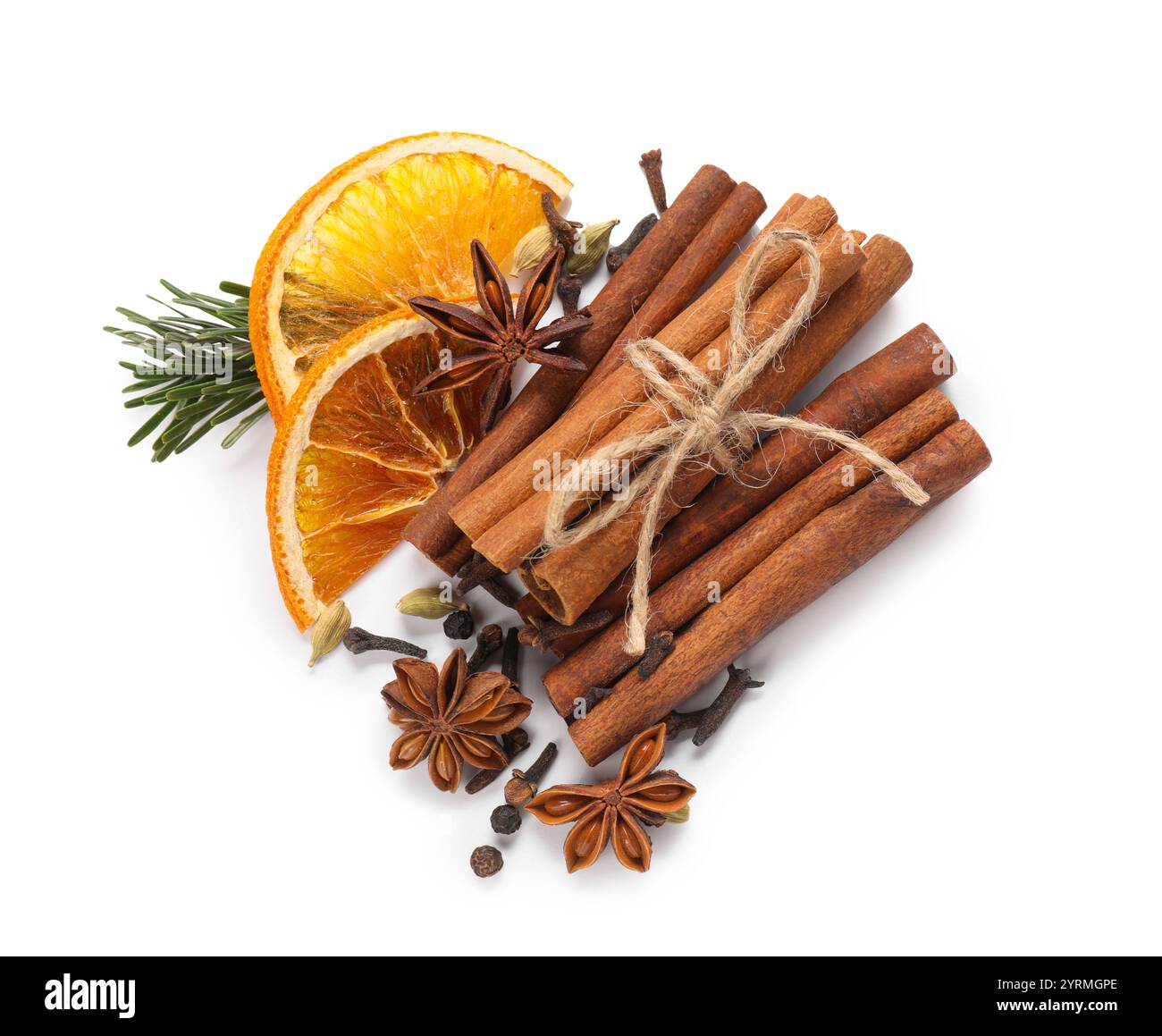 Different aromatic spices isolated on white, top view. Christmas season ...