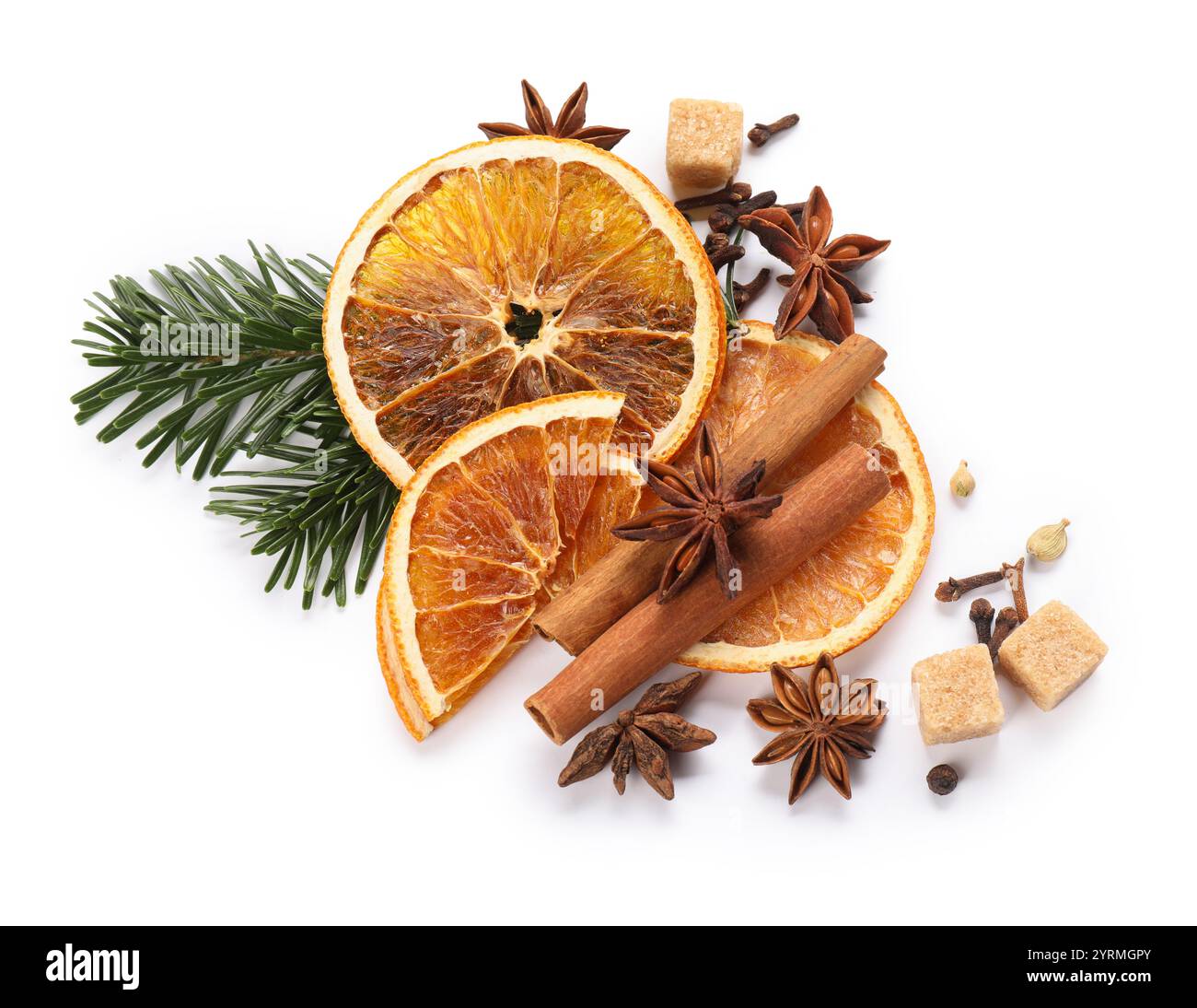Different aromatic spices isolated on white, top view. Christmas season ...
