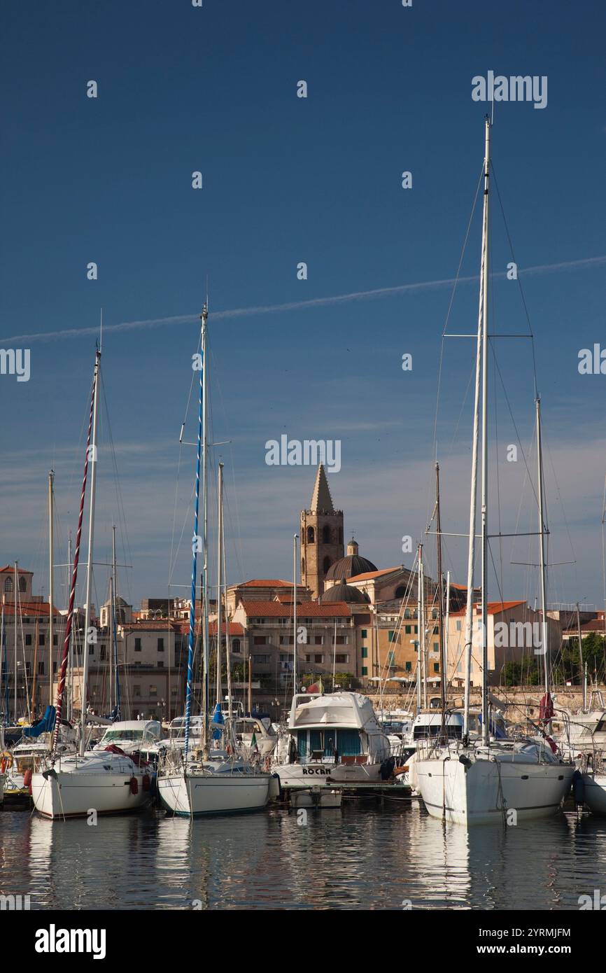 Italy, Sardinia, Western Sardinia, Alghero, city walls from the yacht ...