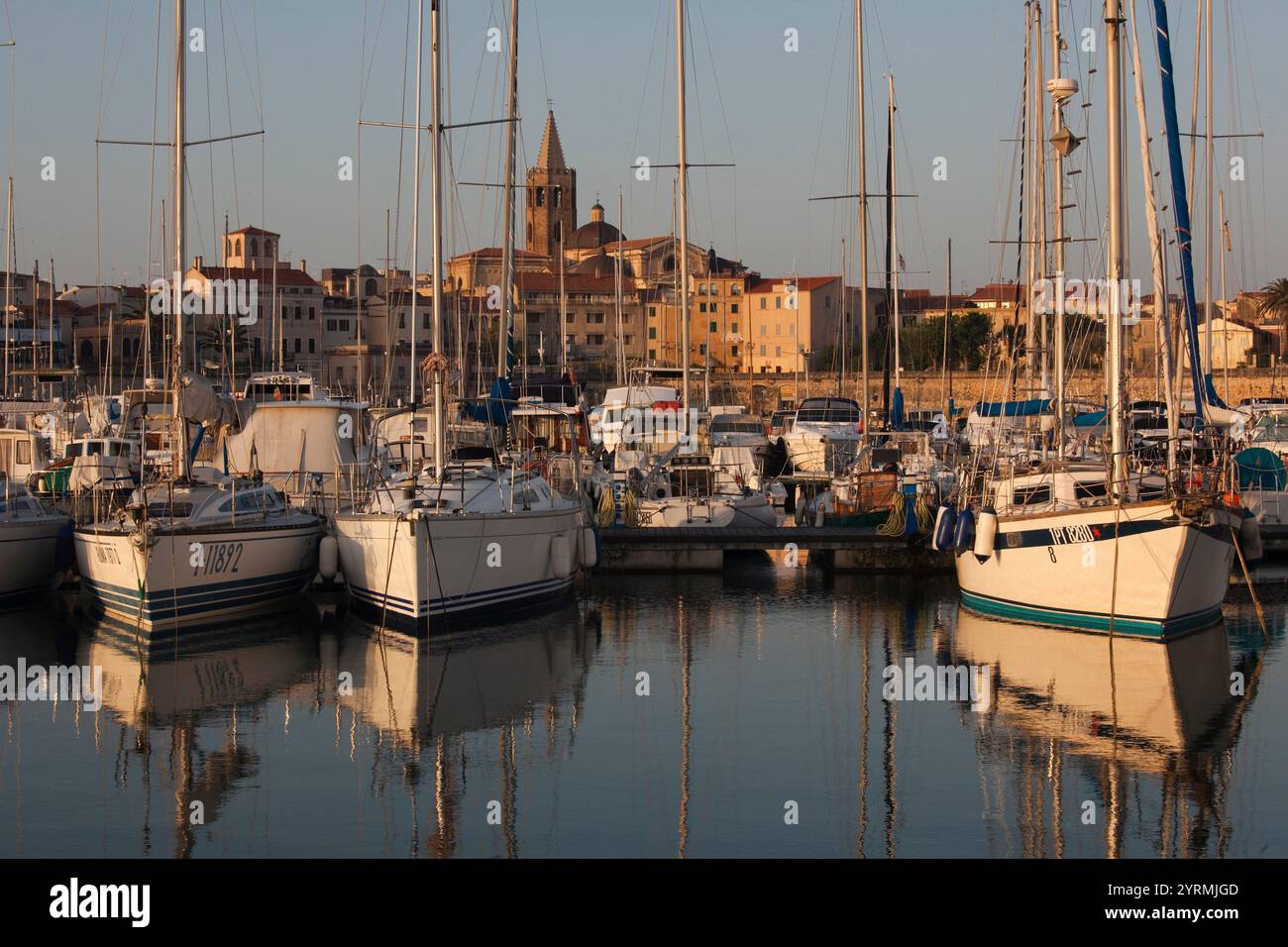Italy, Sardinia, Western Sardinia, Alghero, city walls from the yacht ...