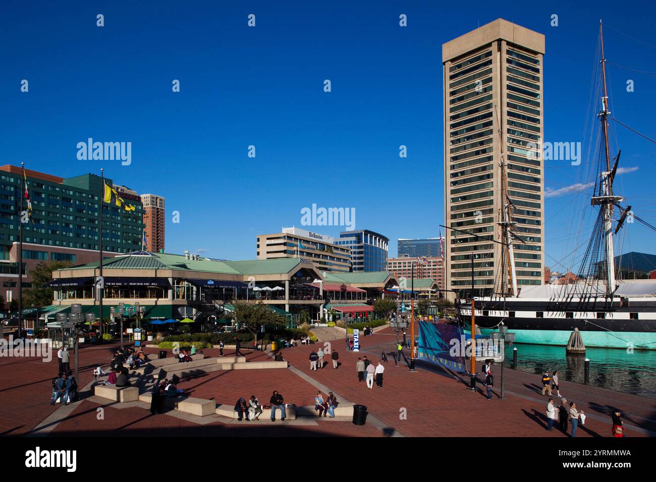 USA, Maryland, Baltimore, Inner Harbor, Harborplace Mall and USS ...