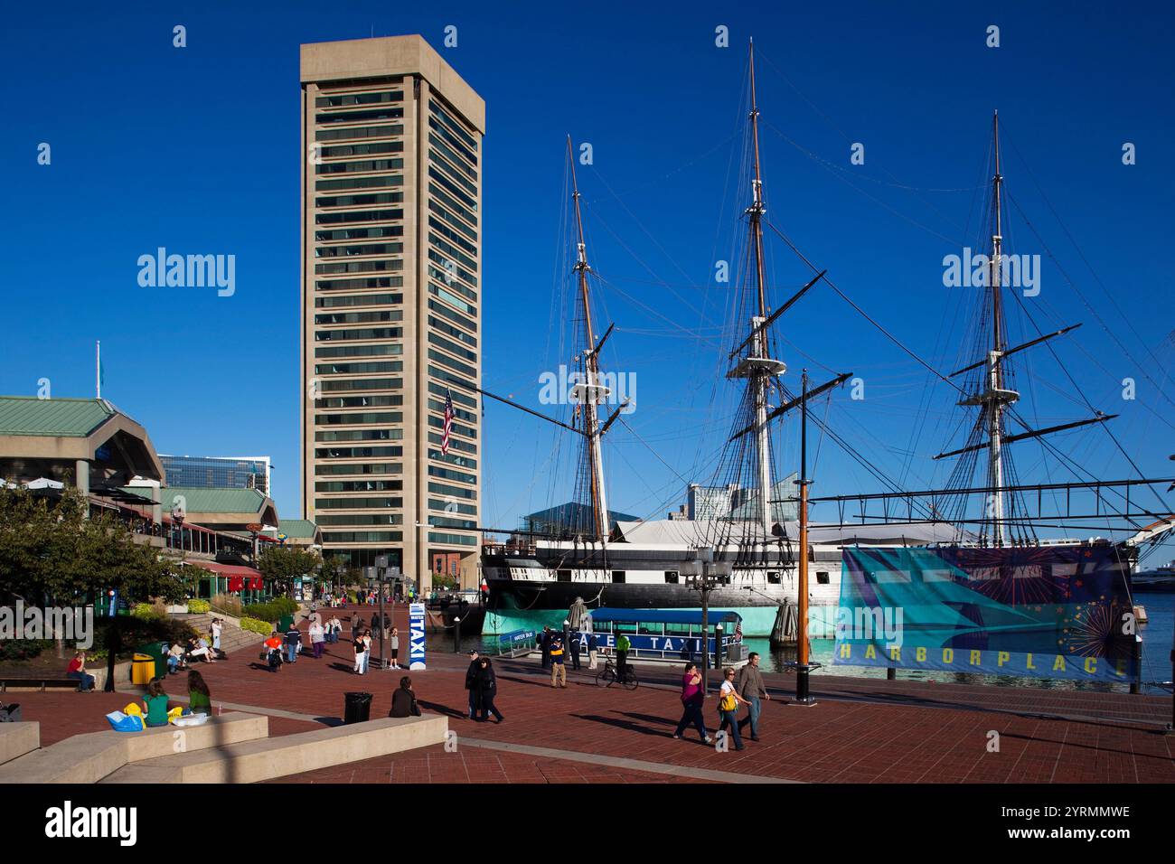 USA, Maryland, Baltimore, Inner Harbor, Harborplace Mall and USS ...