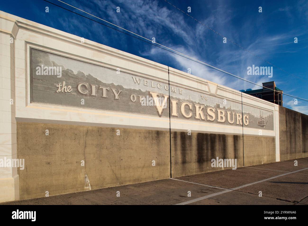 USA, Mississippi, Vicksburg, Mississippi Riverfront welcome sign on ...