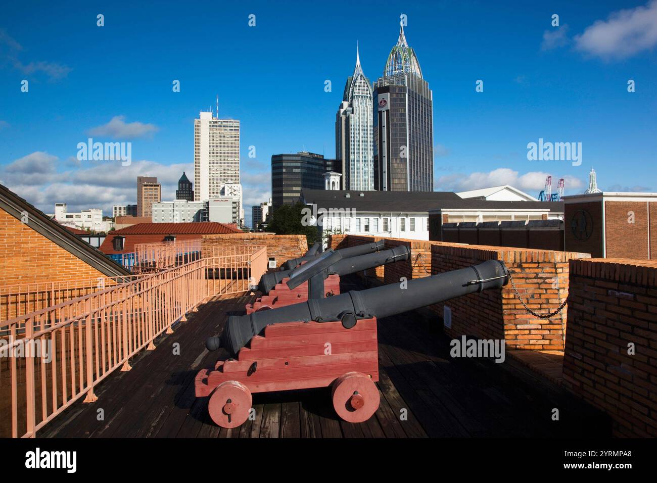 USA, Alabama, Mobile, Fort Conde, b 1711, RSA Tower and Riverview Plaza ...
