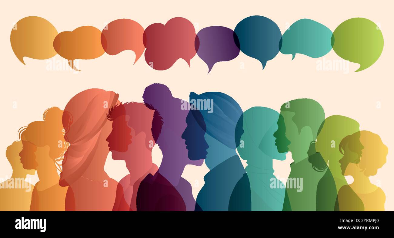Communication across diverse cultures - Multicultural dialogue represented by colored silhouette ...