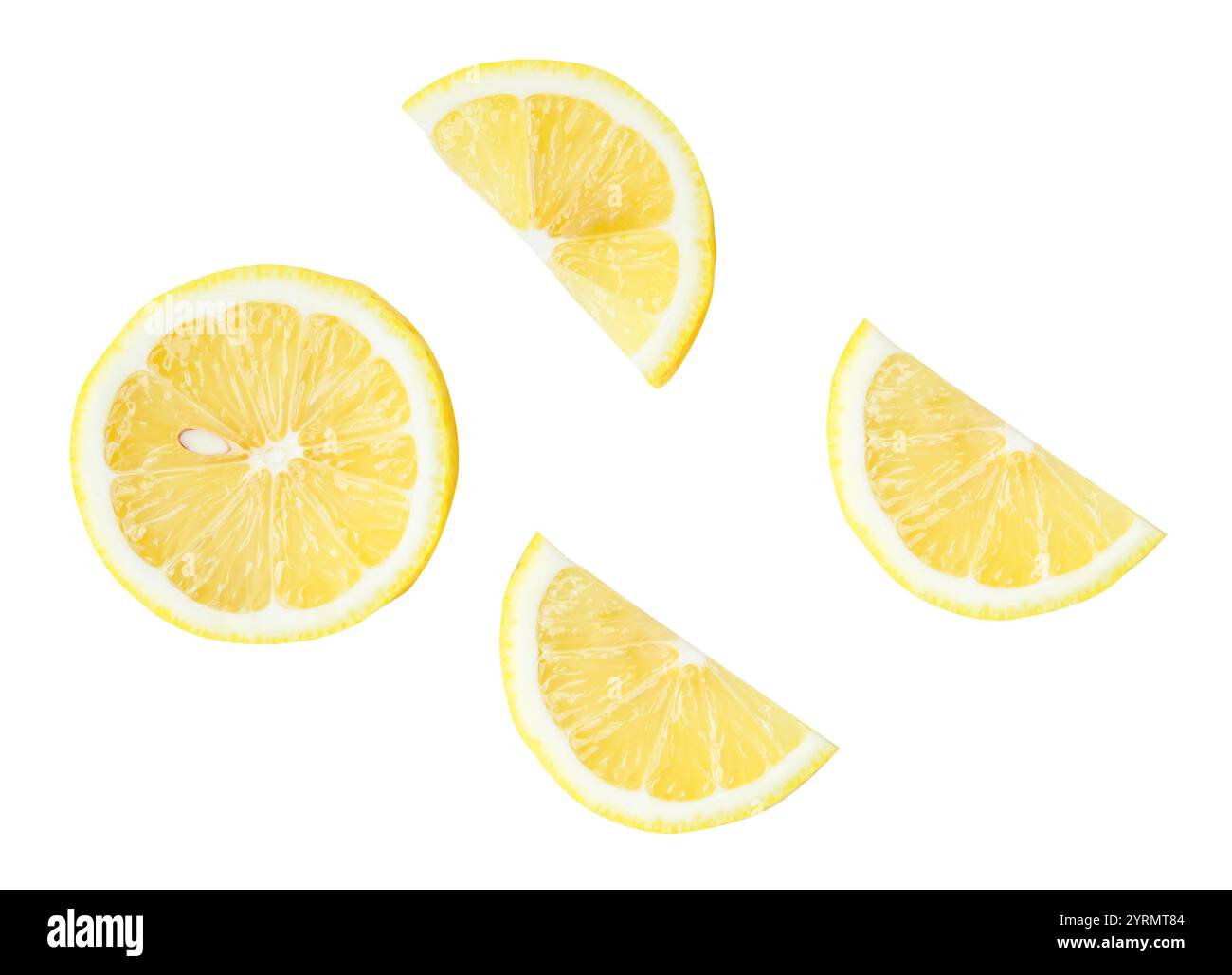 Top view set of fresh yellow lemon fruit in halves and slices or ...