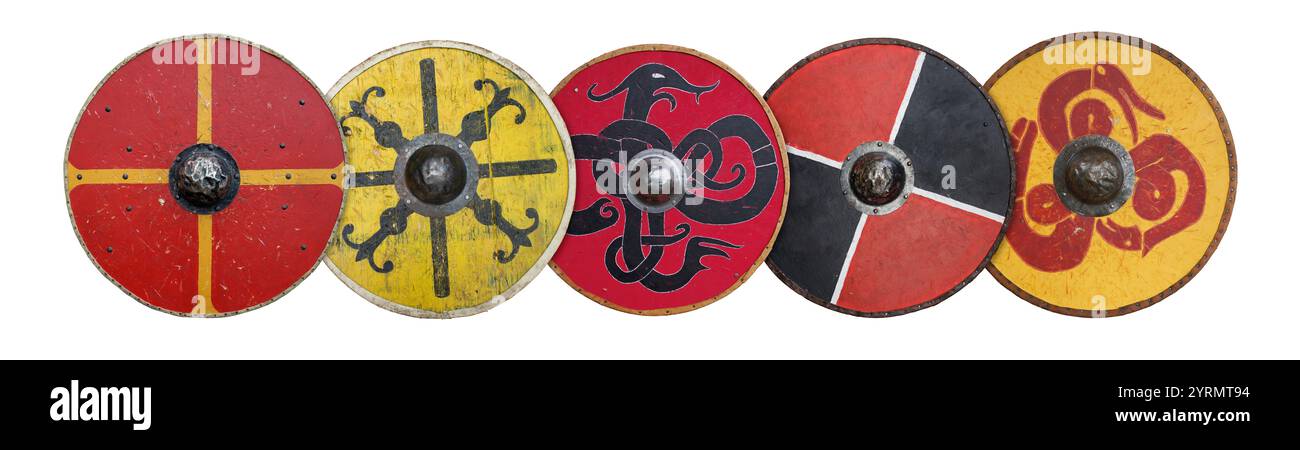 A row of round Viking shields in a wall formation Stock Photo - Alamy