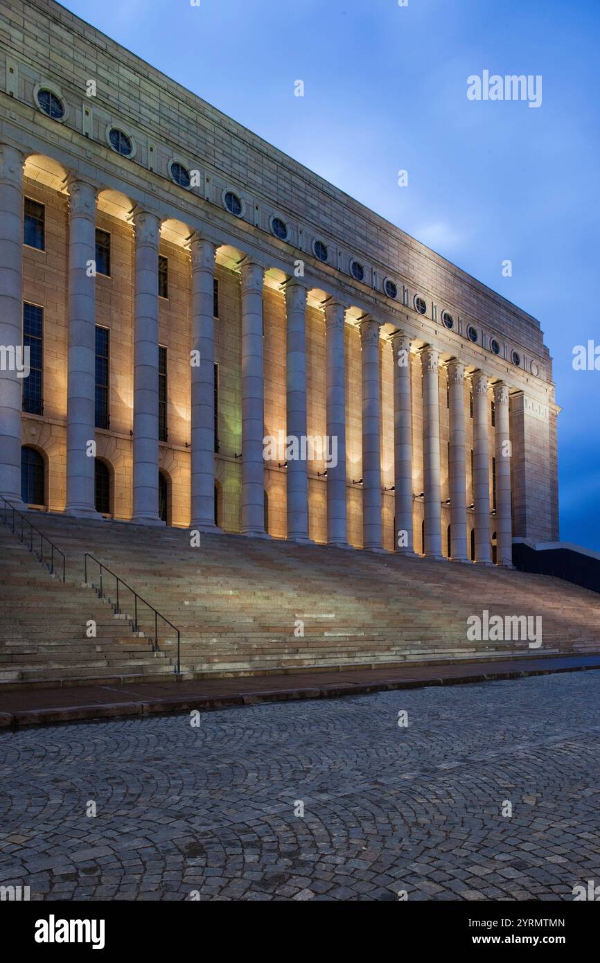 Finland, Helsinki, Finnish Parliament building, evening, exterior Stock ...