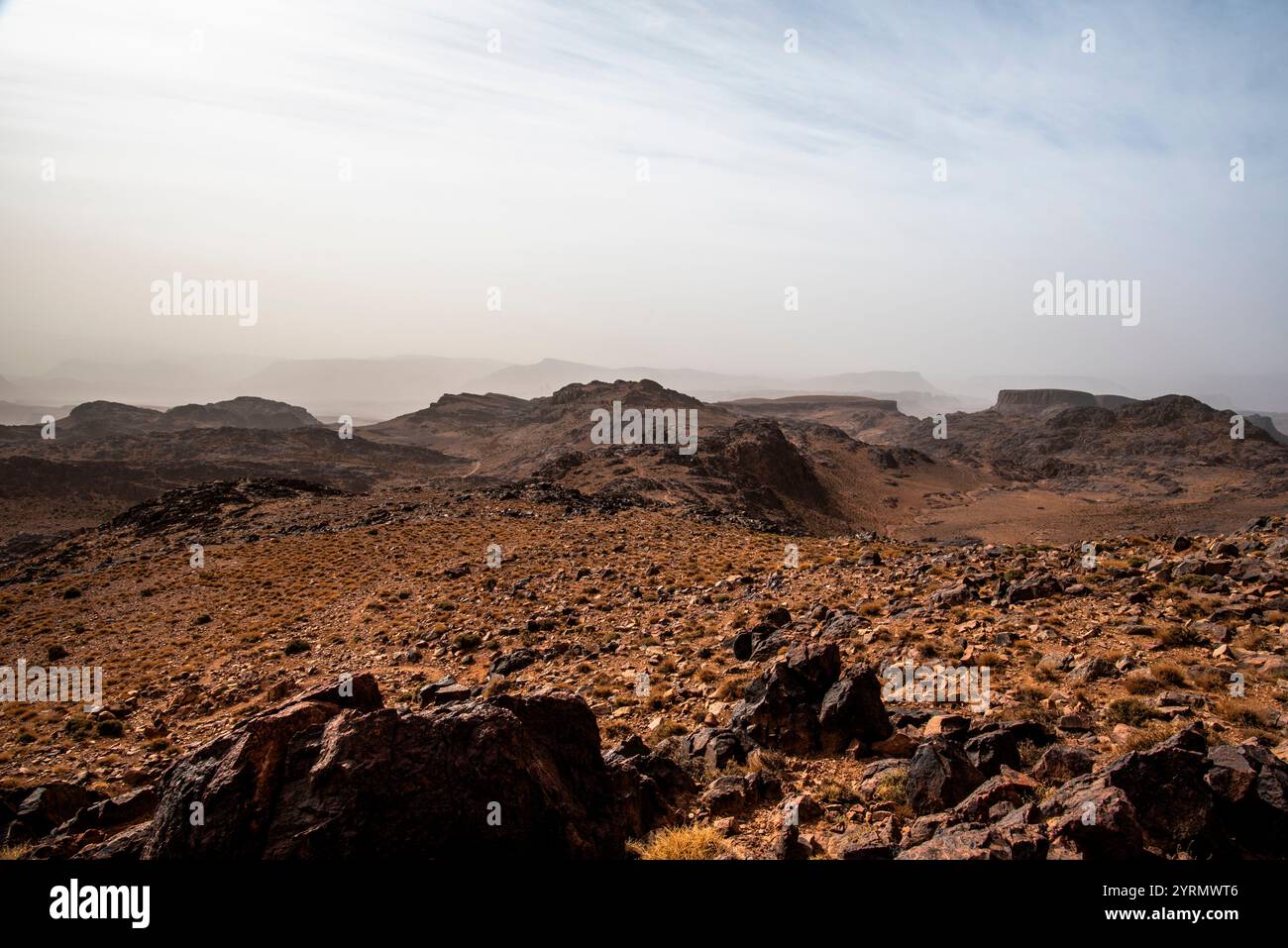 panorama of the Moroccan Atlas mountain peaks with desert valleys and ...