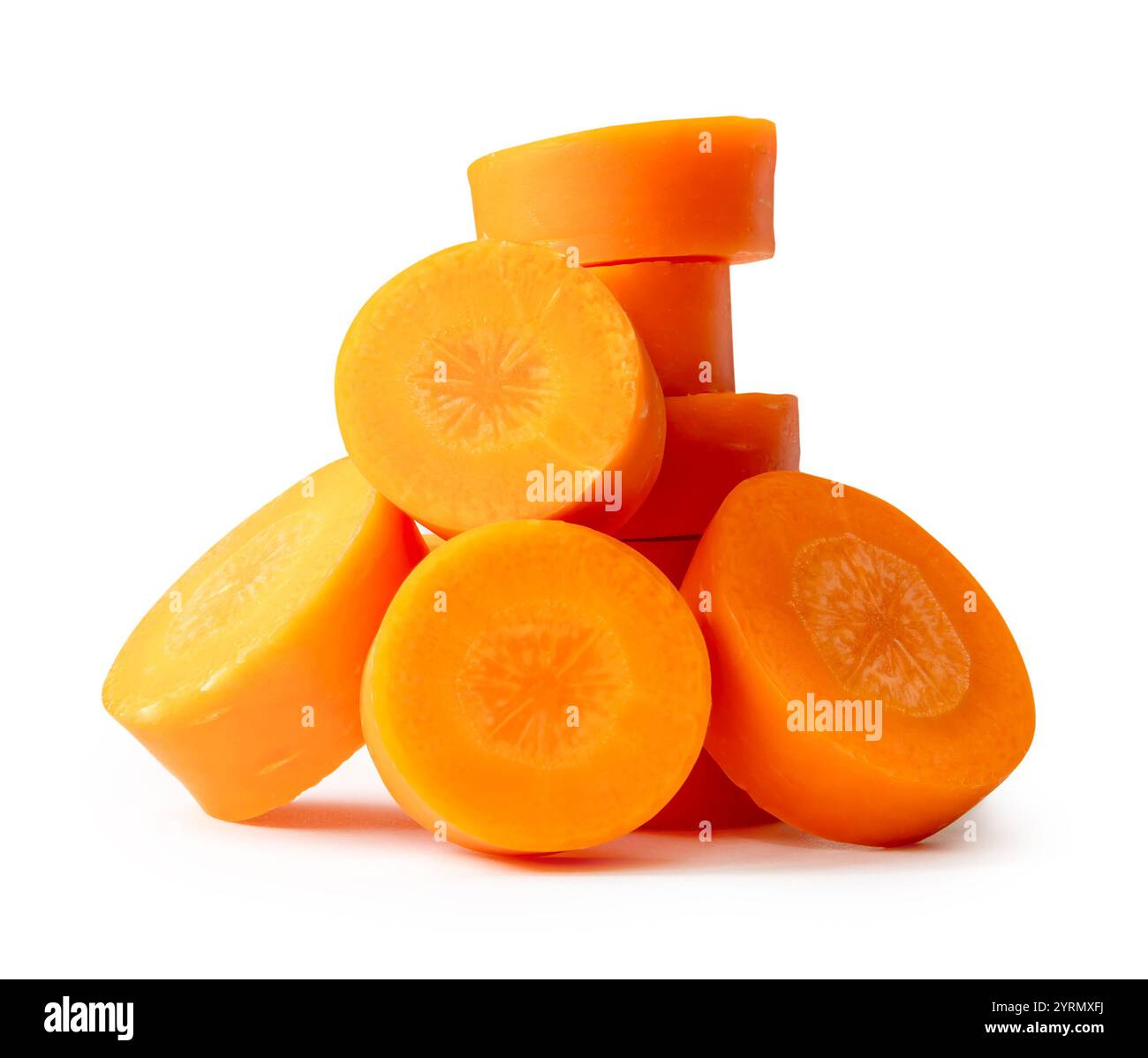 Side view of beautiful orange carrot slice in circle shape in stack is ...