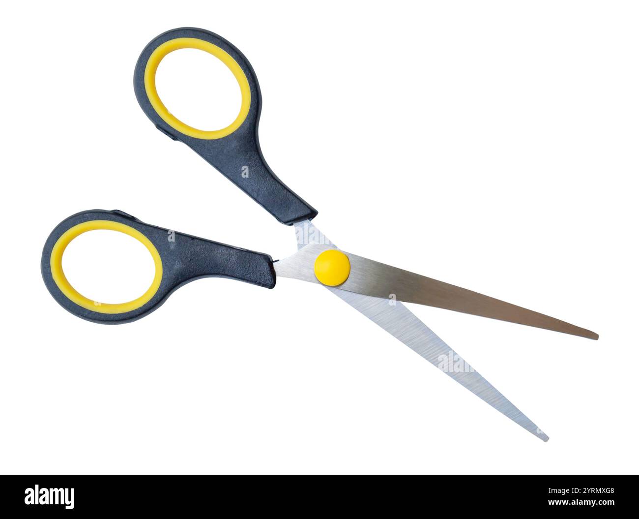 Top view of a pair of small multipurpose scissors with black and yellow ...