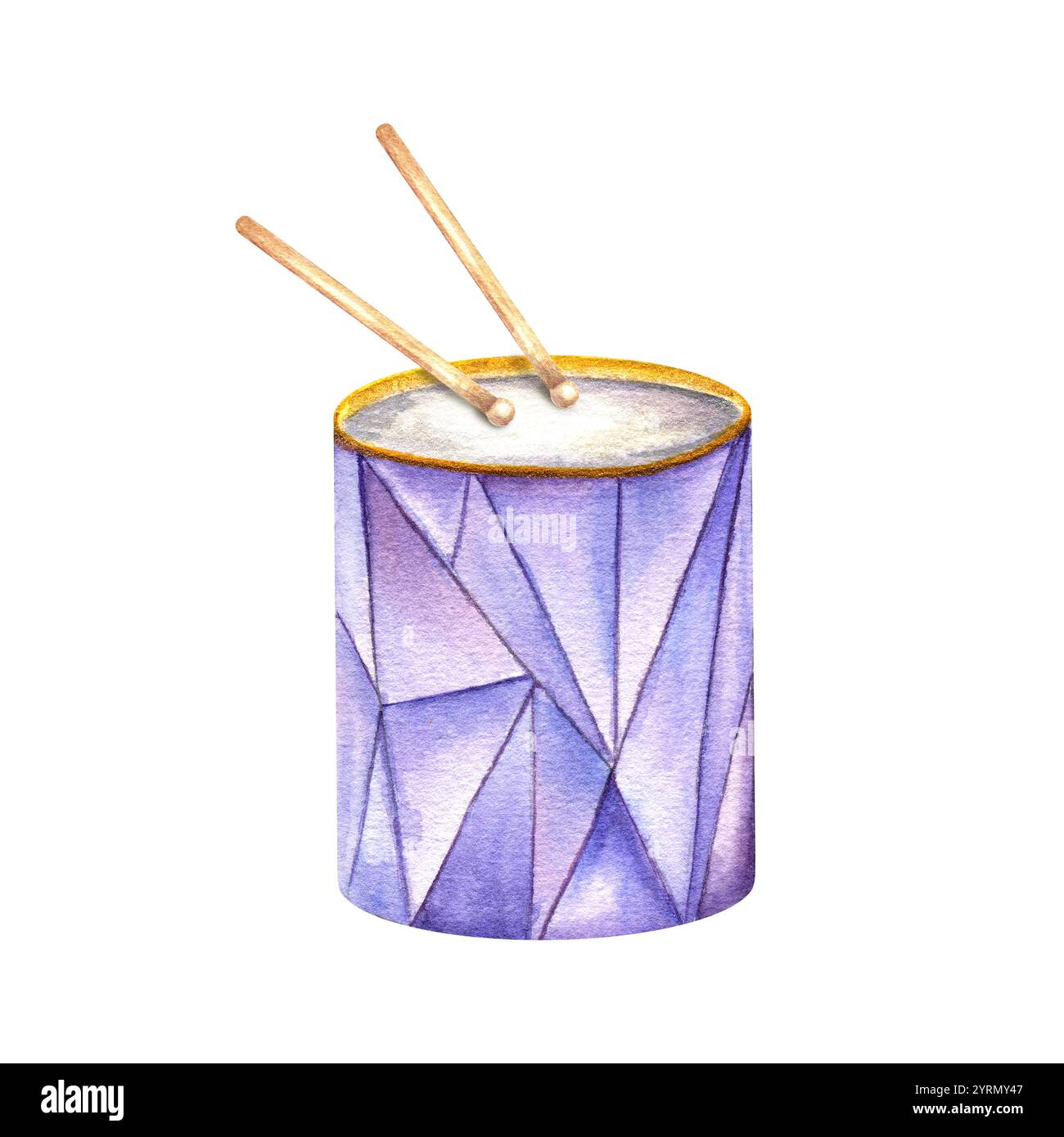 Watercolor blue purple carnival drum with pair of wooden drumsticks ...