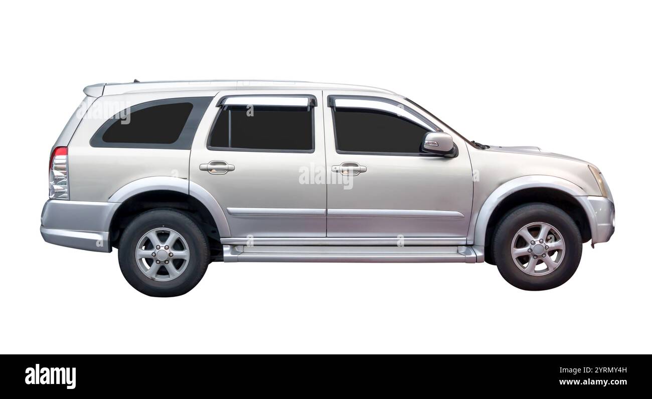 Side view of elegant clean white or silver SUV sports car is isolated ...