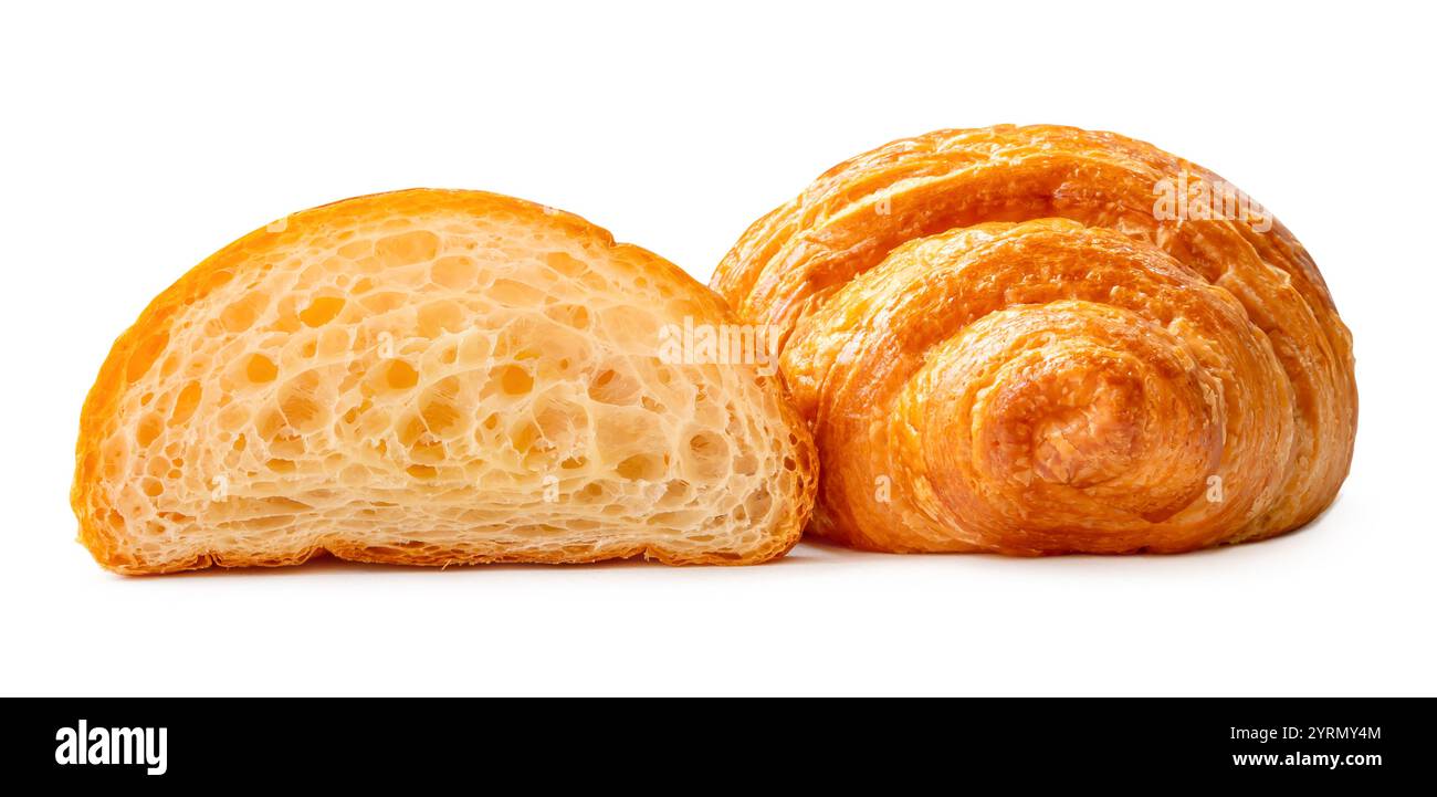 Front view of single brown croissant with half in stack is isolated on ...