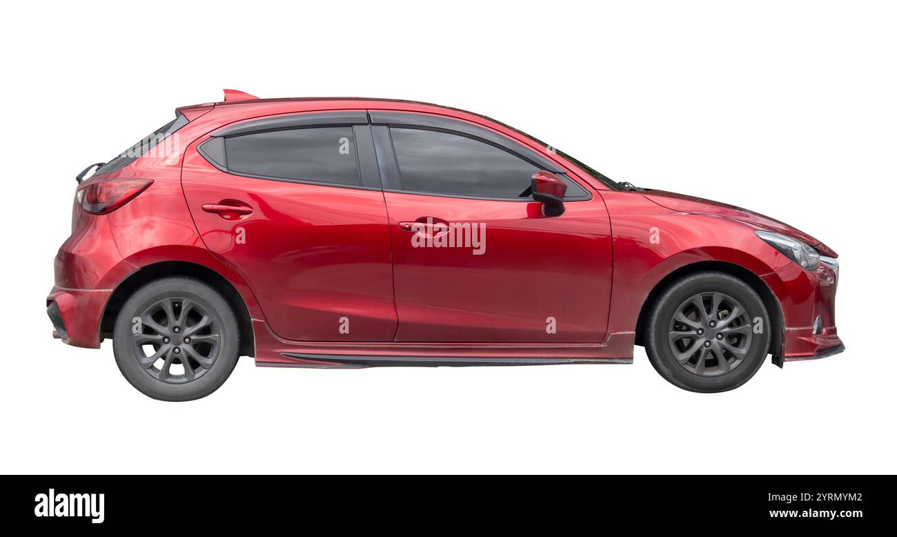 Side view of sports red hatchback car is isolated on white background ...