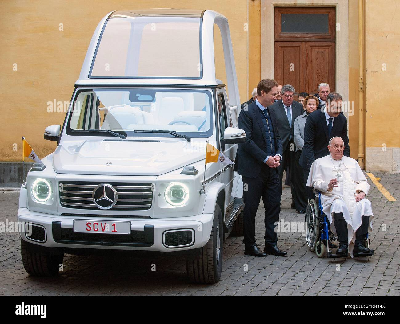 Pope Francis gets a new open-top popemobile on December 4, 2024 at the ...