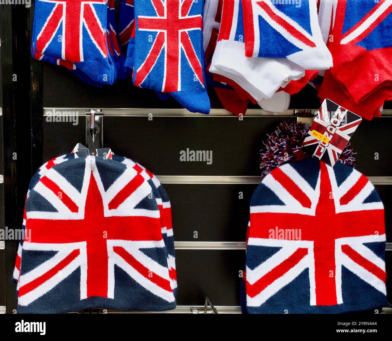 Union Jack beanies, London, England Stock Photo - Alamy