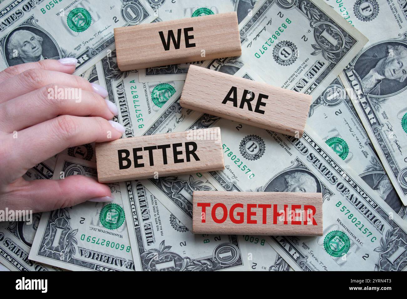 We are better together symbol. Wooden blocks with words We are better together. Beautiful dollar ...