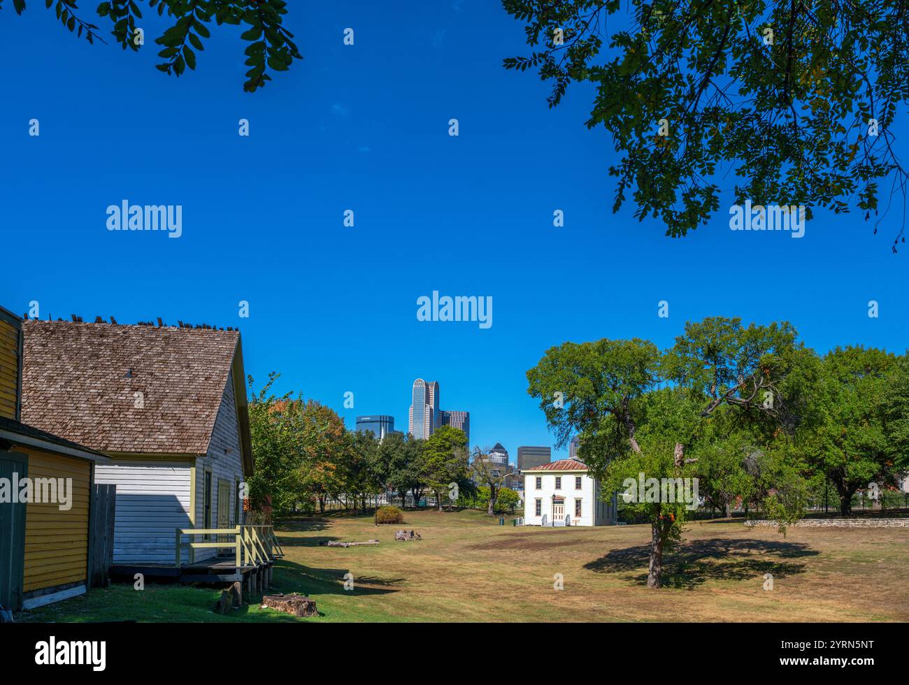 Dallas Heritage Village with the city skyline behind, Old City Park ...