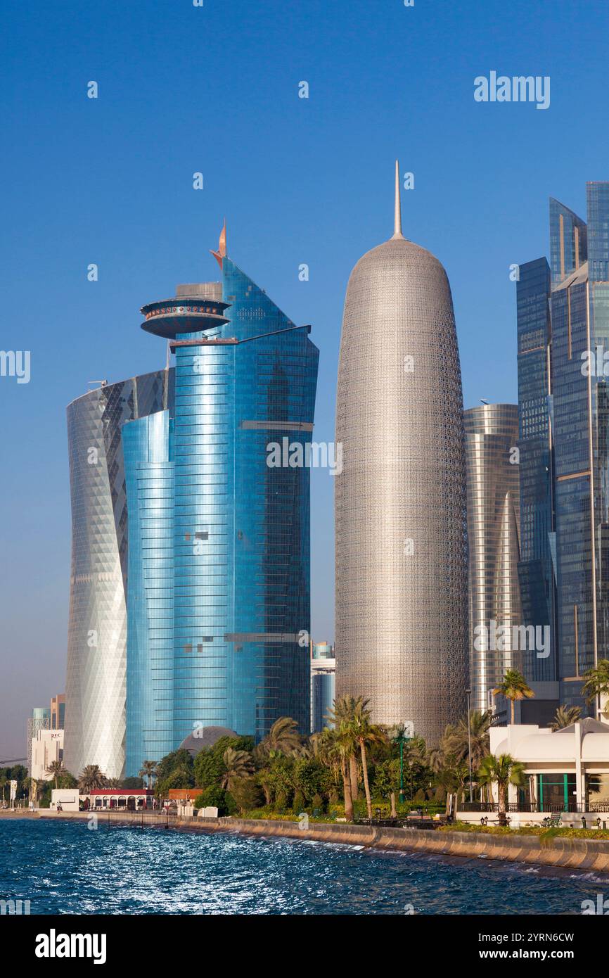 Qatar, Doha, Doha Bay, West Bay skyscrapers with World Trade Center and ...