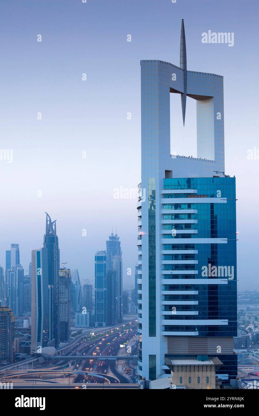 UAE, Dubai, Downtown Dubai, high rise buildings along Sheikh Zayed Road ...