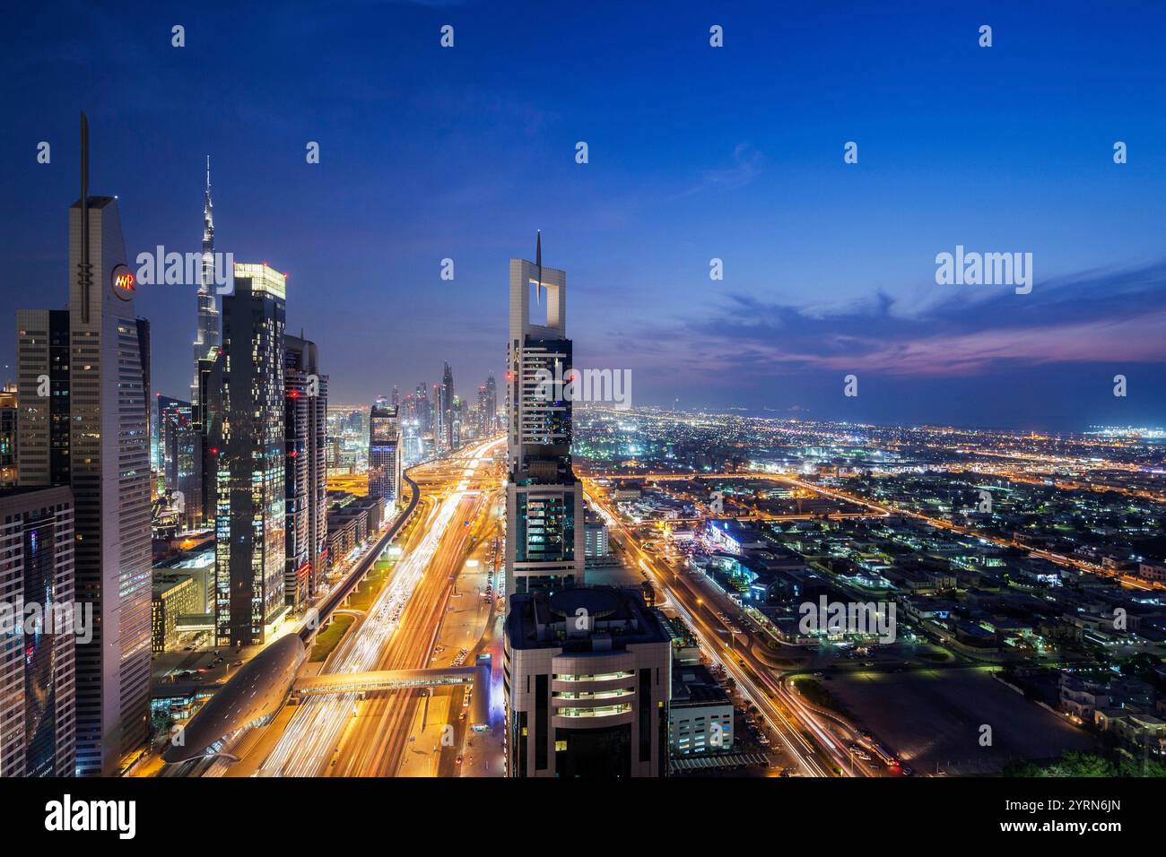 UAE, Dubai, Downtown Dubai, high rise buildings along Sheikh Zayed Road ...