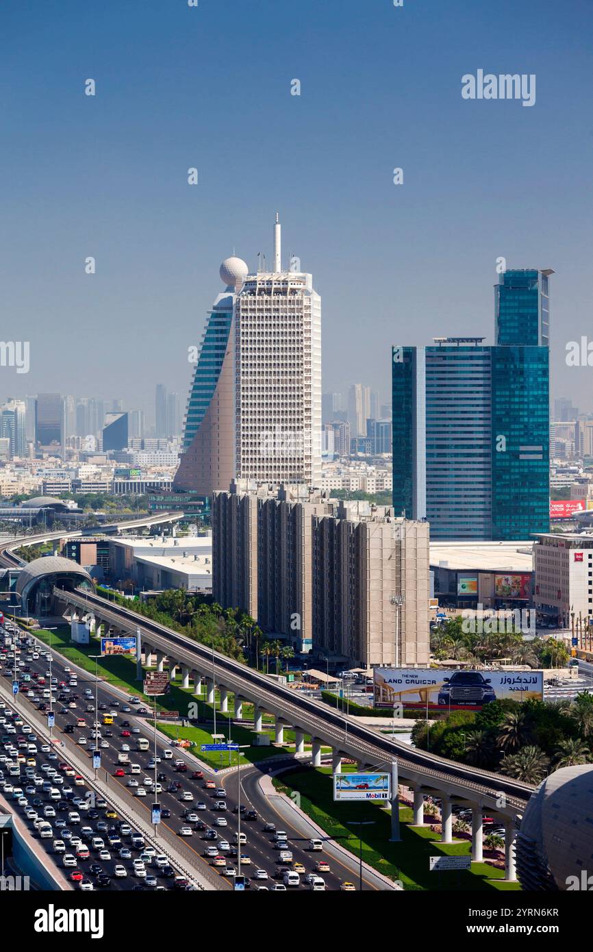 UAE, Dubai, Downtown Dubai, high rise buildings along Sheikh Zayed Road ...