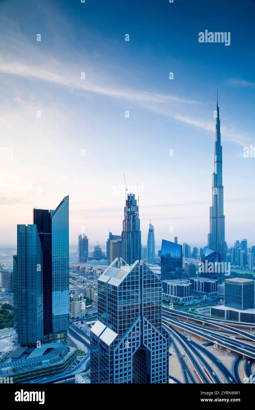 UAE, Dubai, Downtown Dubai, eleavted view over Sheikh Zayed Road and ...
