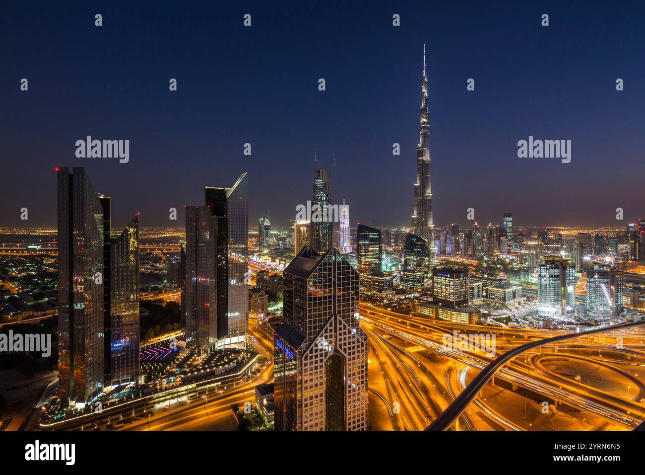 UAE, Dubai, Downtown Dubai, eleavted view over Sheikh Zayed Road and ...
