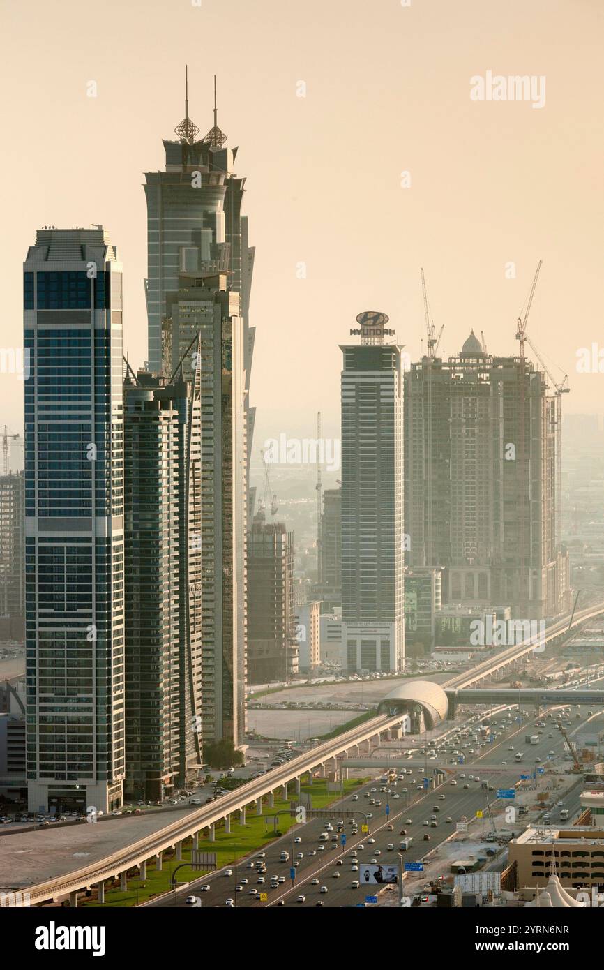 UAE, Dubai, Downtown Dubai, high rise buildings along Sheikh Zayed Road ...