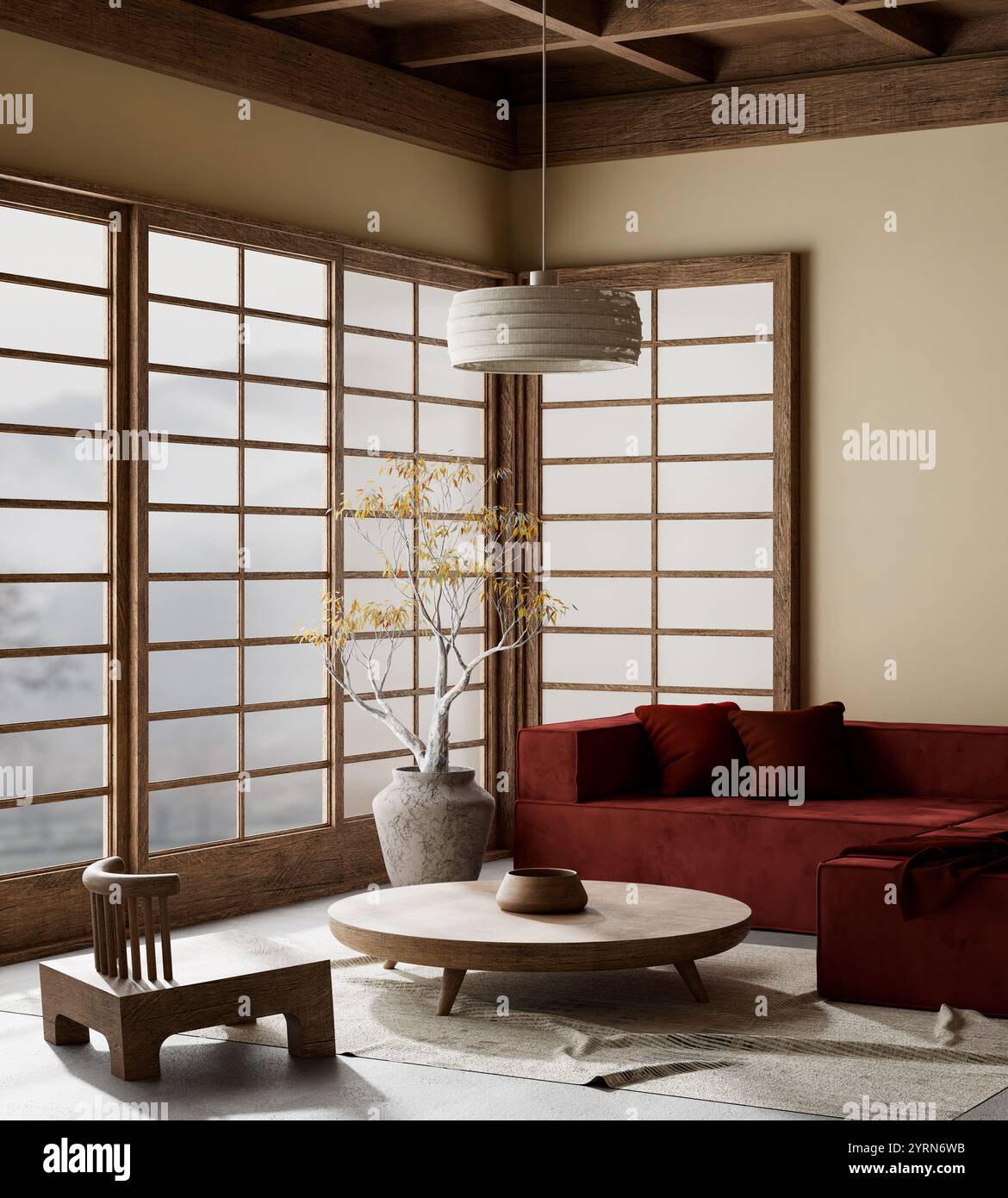 Japanese style interior design with wooden furnitures and raw materials ...