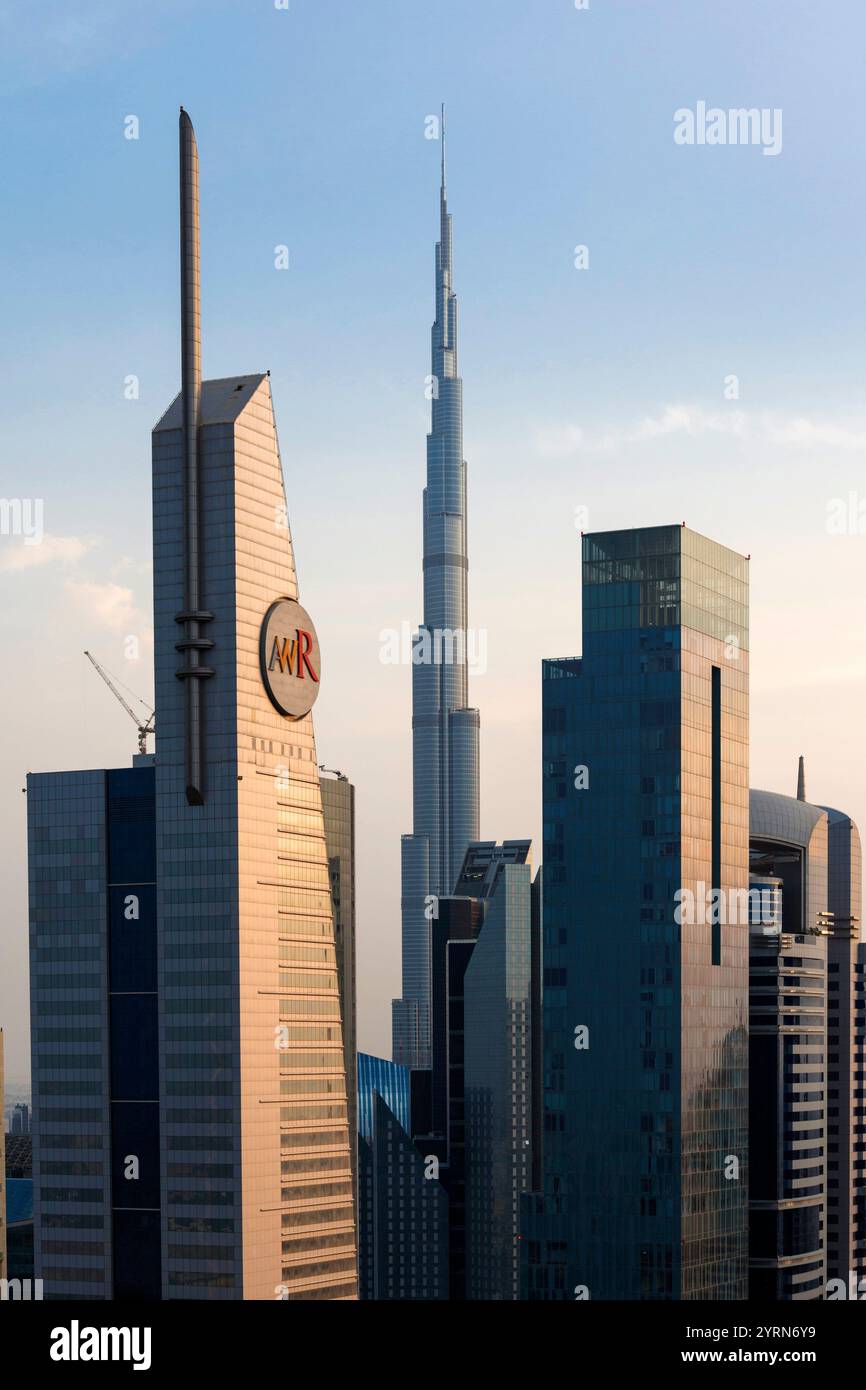 UAE, Dubai, Downtown Dubai, high rise buildings along Sheikh Zayed Road ...