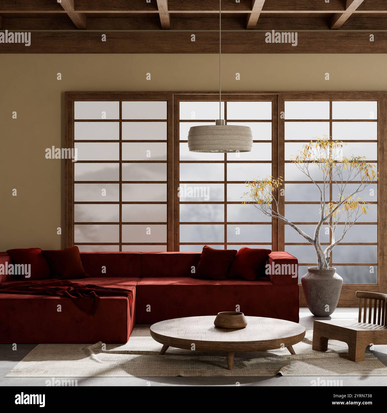 Japanese style interior design with wooden furnitures and raw materials ...
