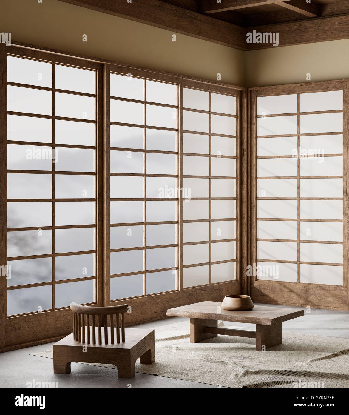 Japanese style interior design with wooden furnitures and raw materials ...
