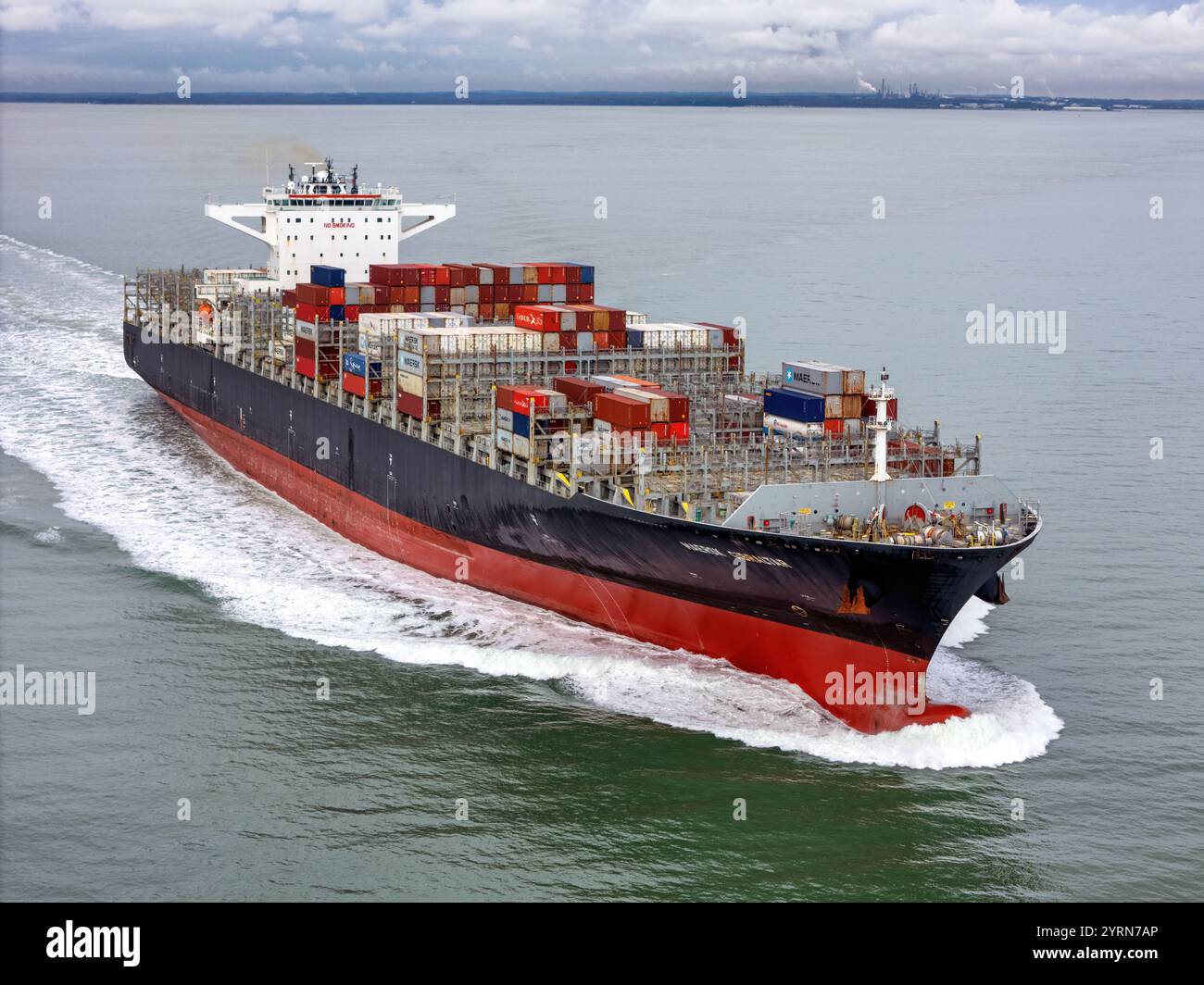 Aerial view of the container ship Maersk Gibraltar sailing at speed ...