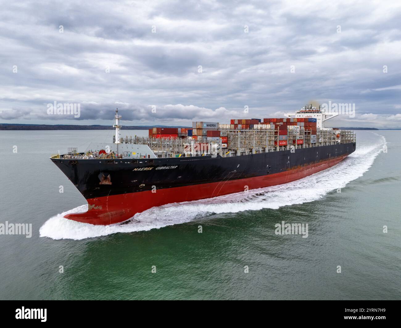Aerial view of the container ship Maersk Gibraltar sailing at speed ...