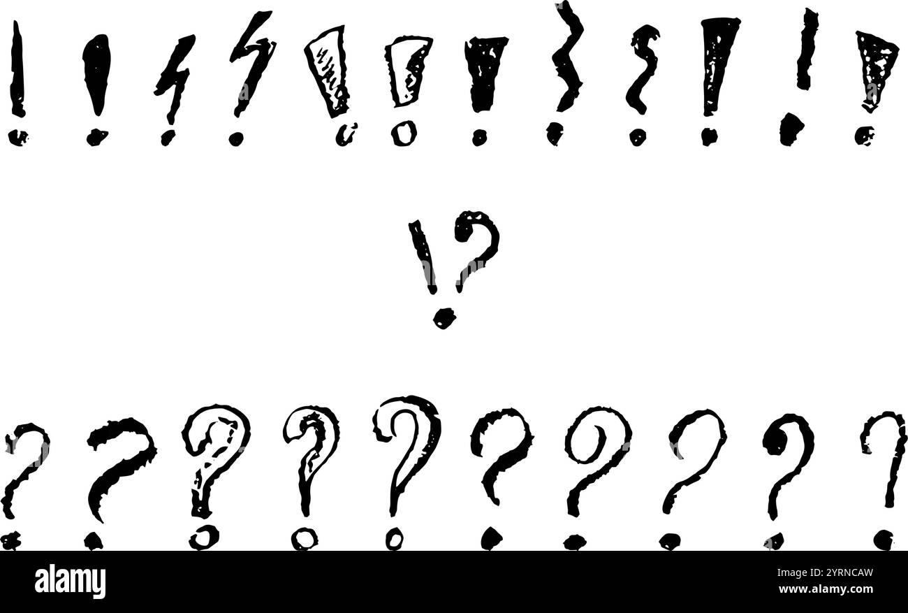 Exclamation and question marks symbols set. Black crayon hand written ...