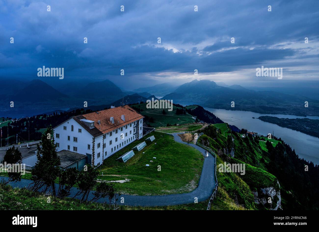 Evening mood on the Rigi with Rigi Kulm Hotel, view of Lake Lucerne and ...
