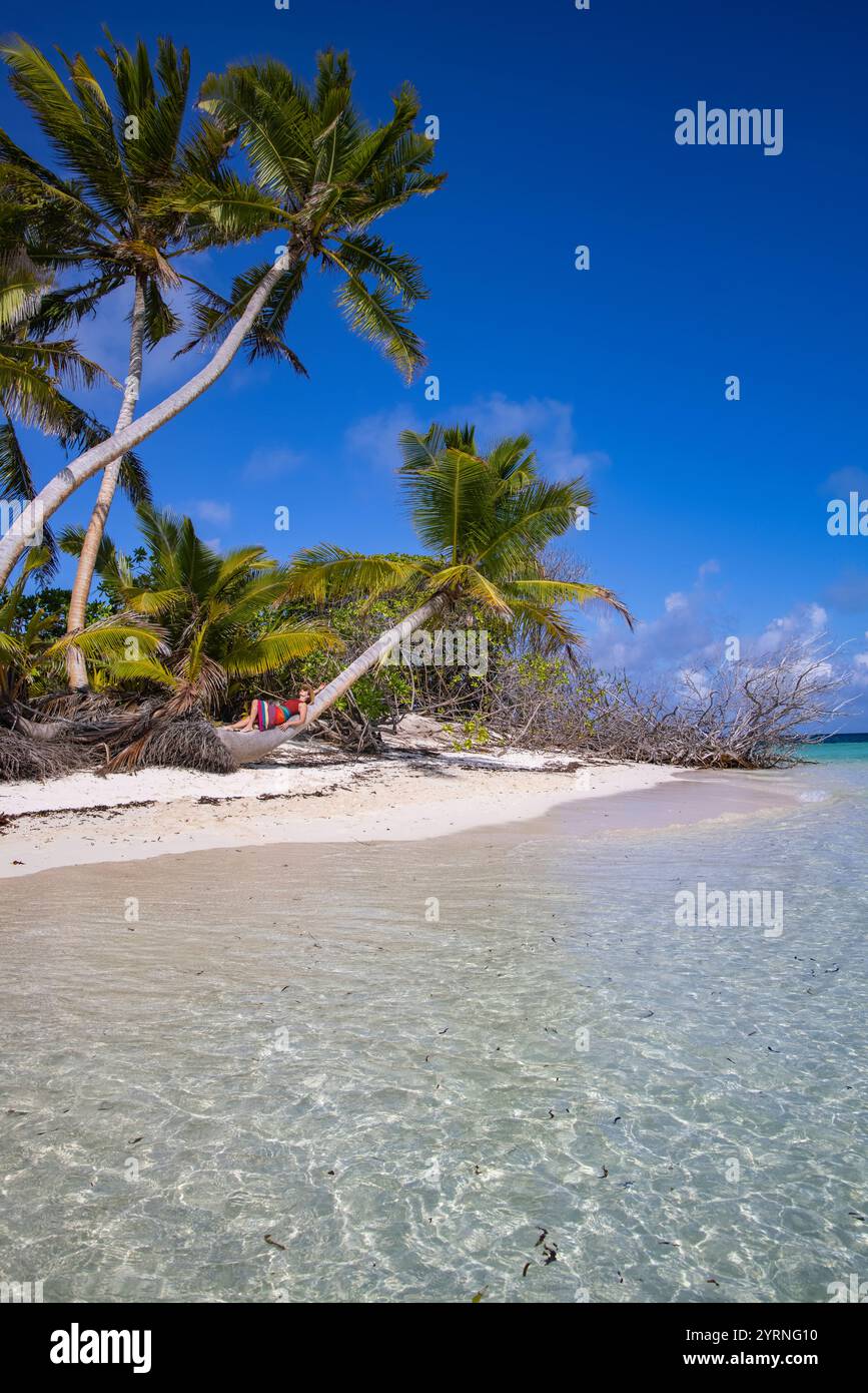 Woman relaxing on the trunk of a coconut tree on the beach, Bijoutier ...