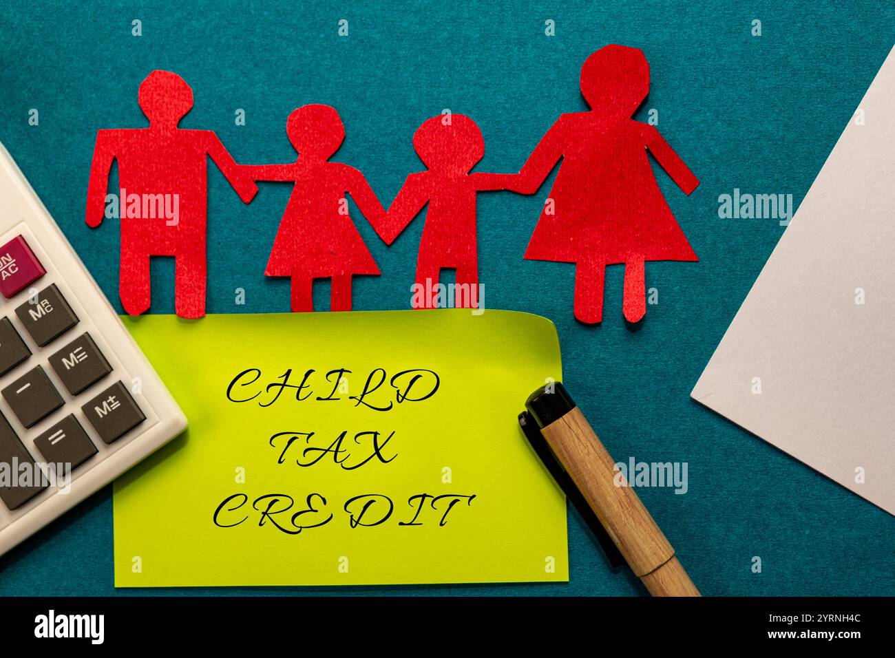 Family, tax credit, financial support concept. Paper family, calculator ...