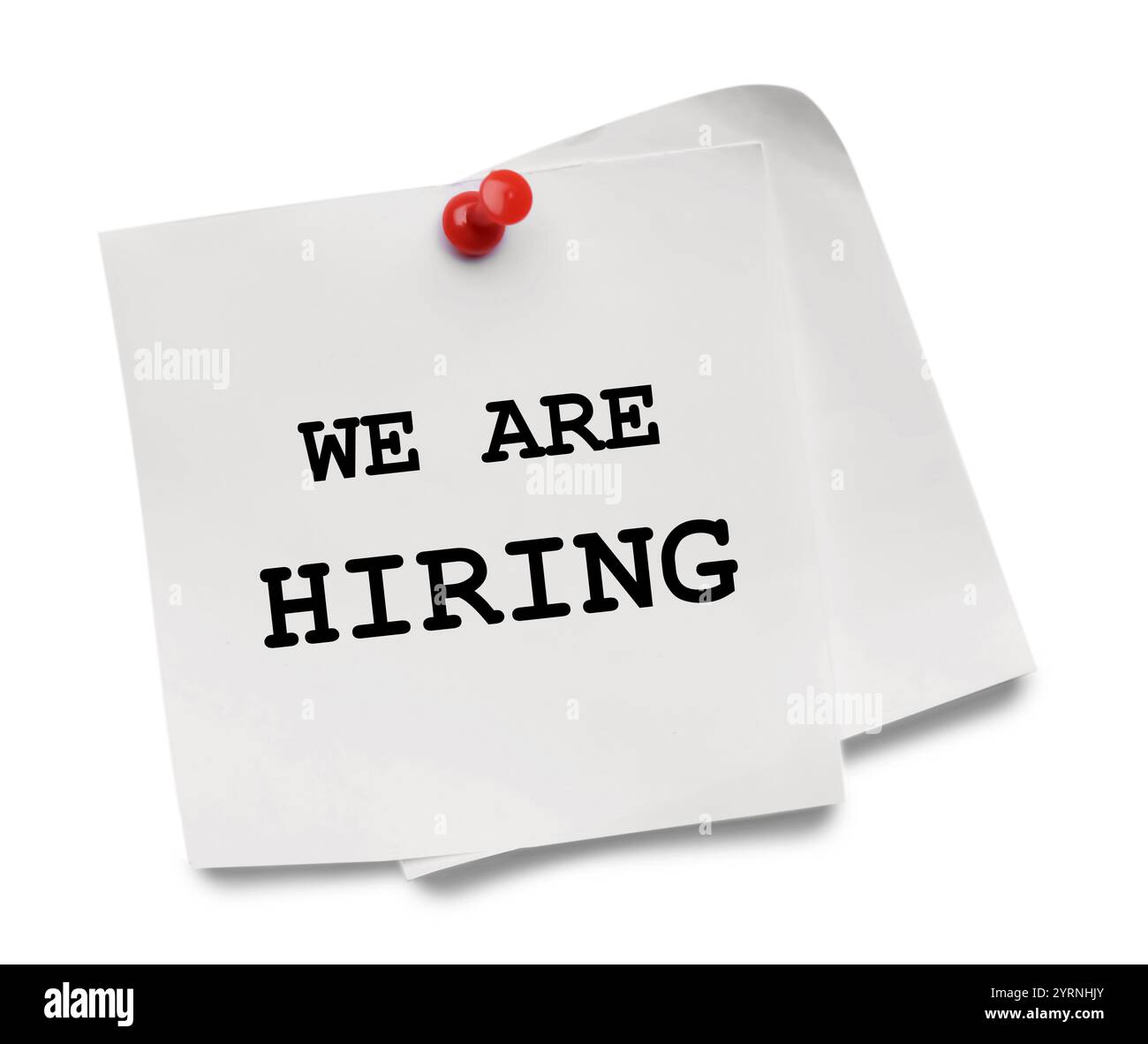 Paper note with text We Are Hiring pinned on white background. Human ...