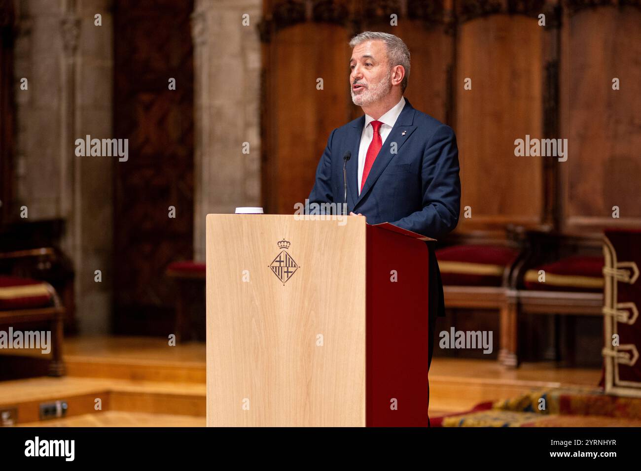 The mayor of Barcelona, Jaume Collboni, speaks during the tribute to ...