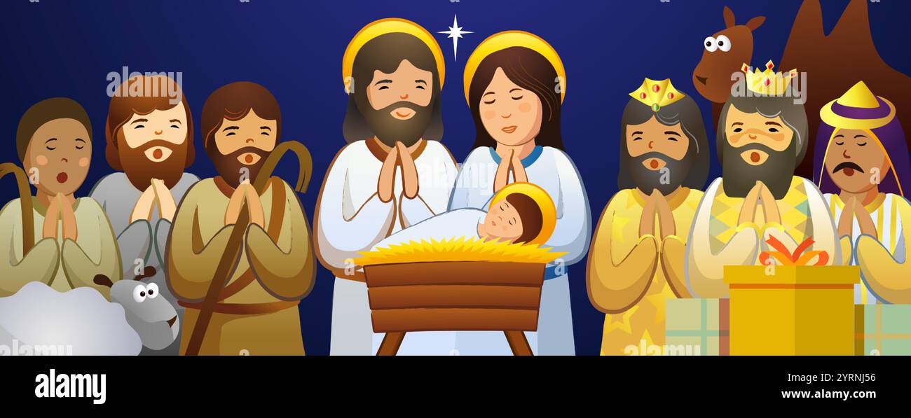 Christmas greeting card in cartoon style. Nativity scene creative ...