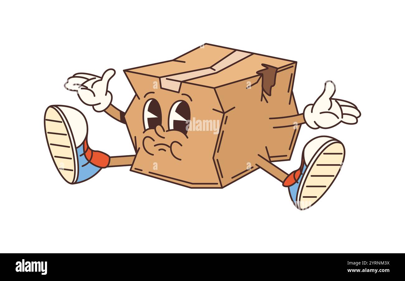 Groovy broken delivery cardboard box character sitting on floor with ...