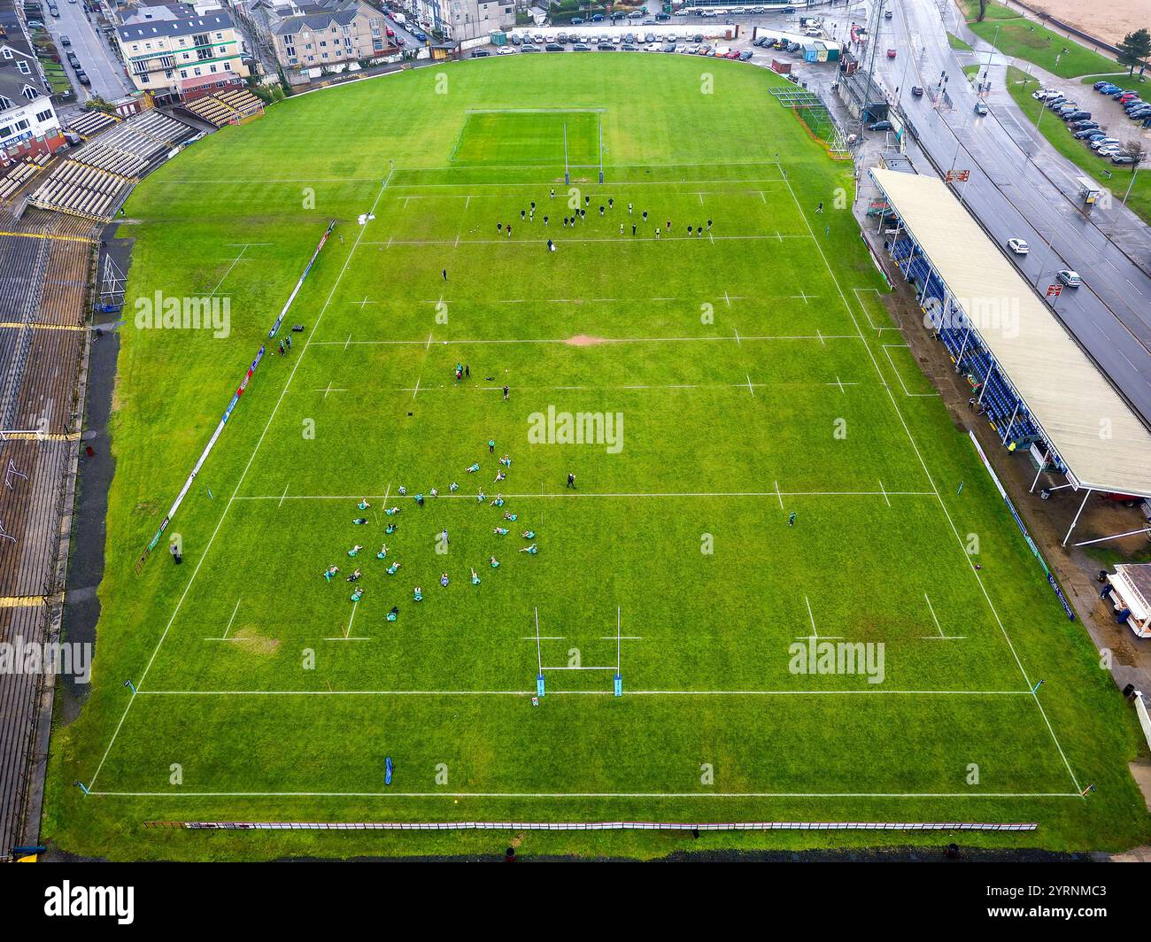 Aerial view of St Helens rugby and cricket ground in Swansea on a wet ...