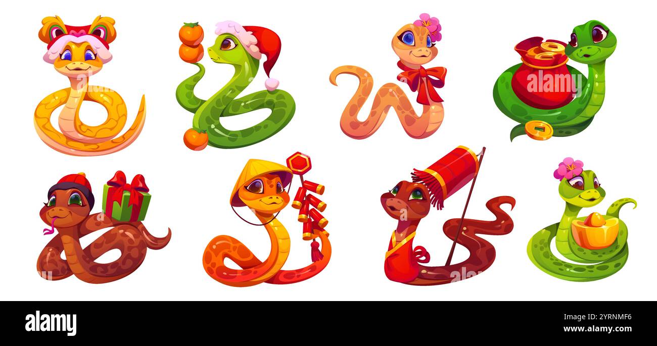 2025 cartoon snake characters for Chinese lunar New Year, vector ...